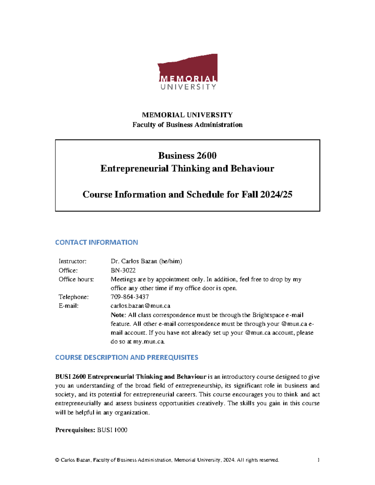 B2600 Entrepreneurial Thinking and Behaviour - Fall 2024 Course Outline ...