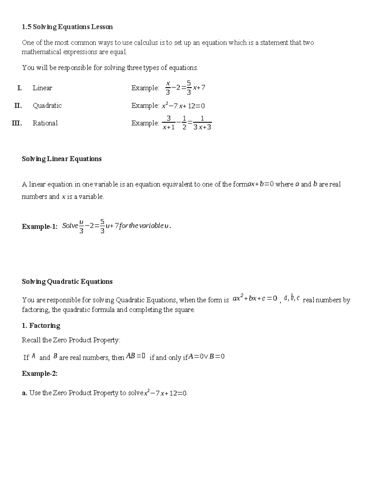 Section 1.5: Solving Linear & Quadratic Equations Lesson - Studocu