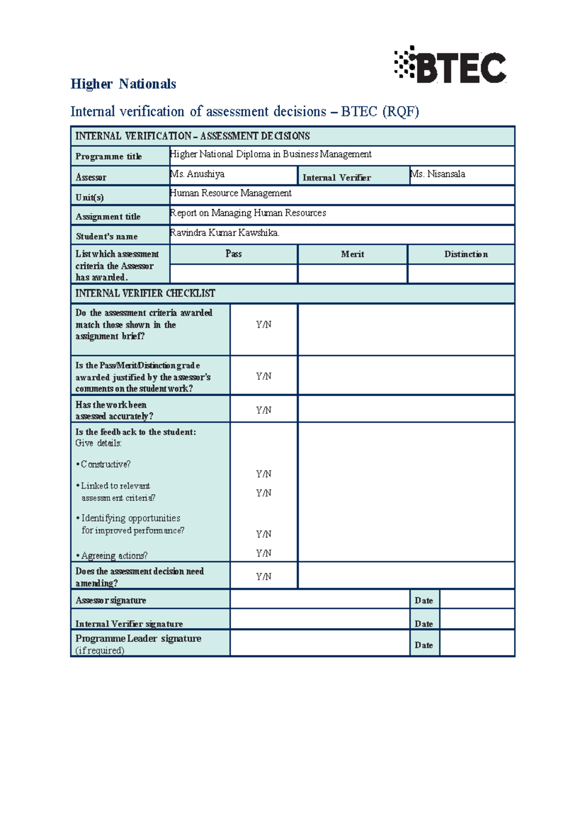 Unit 03: HRM Internal Verification & Case Study Report - HND Business Management - Studocu