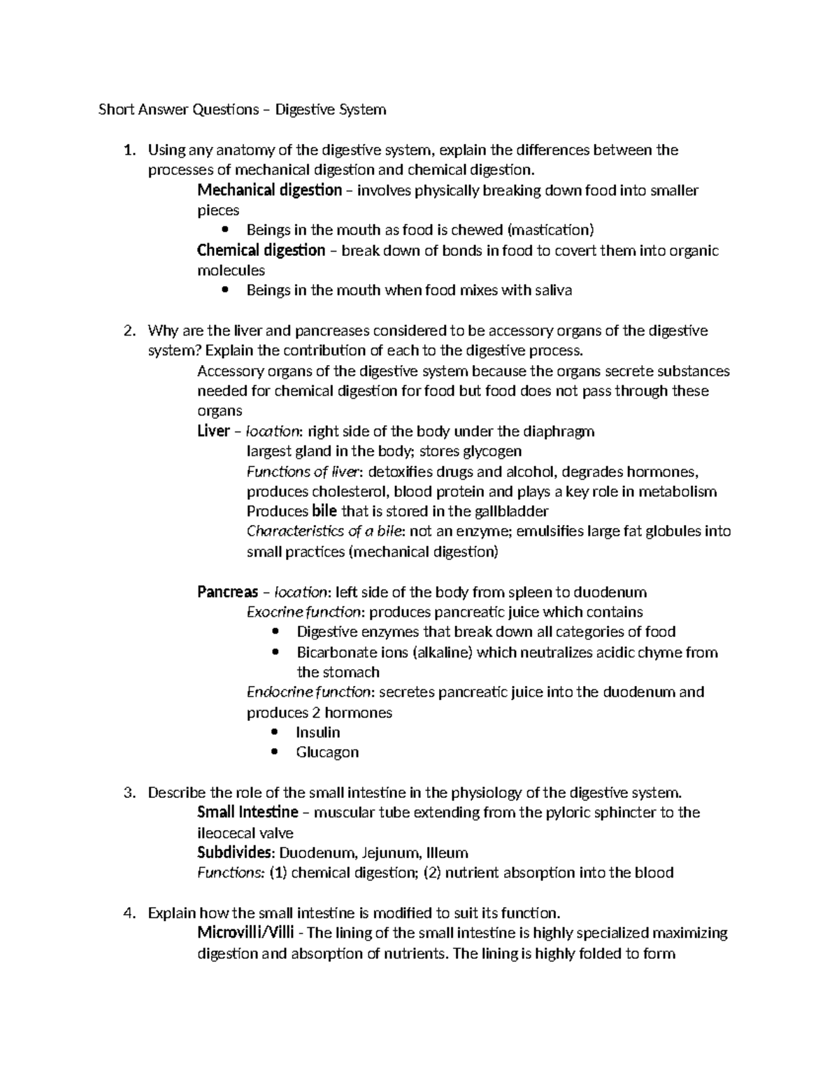 Short Answer Questions - Digestive System (BIO101) - Studocu