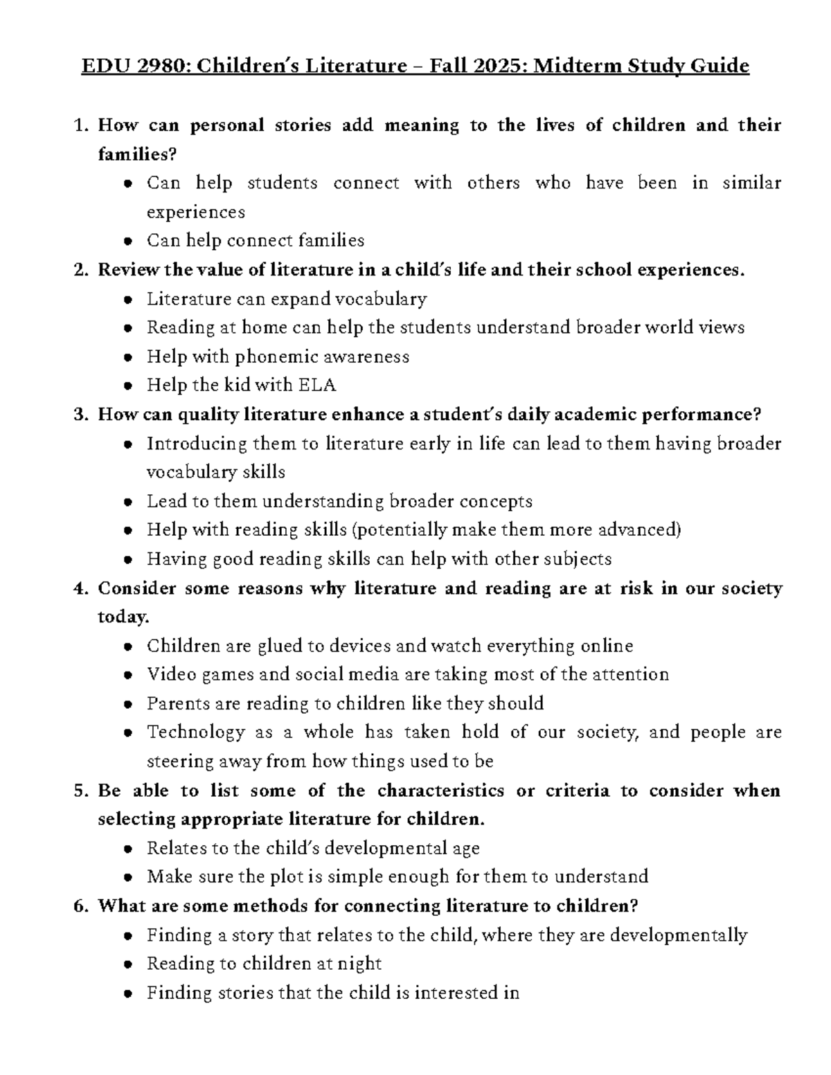 EDU 2980: Children's Literature Fall 2025: Midterm Study Guide - Studocu