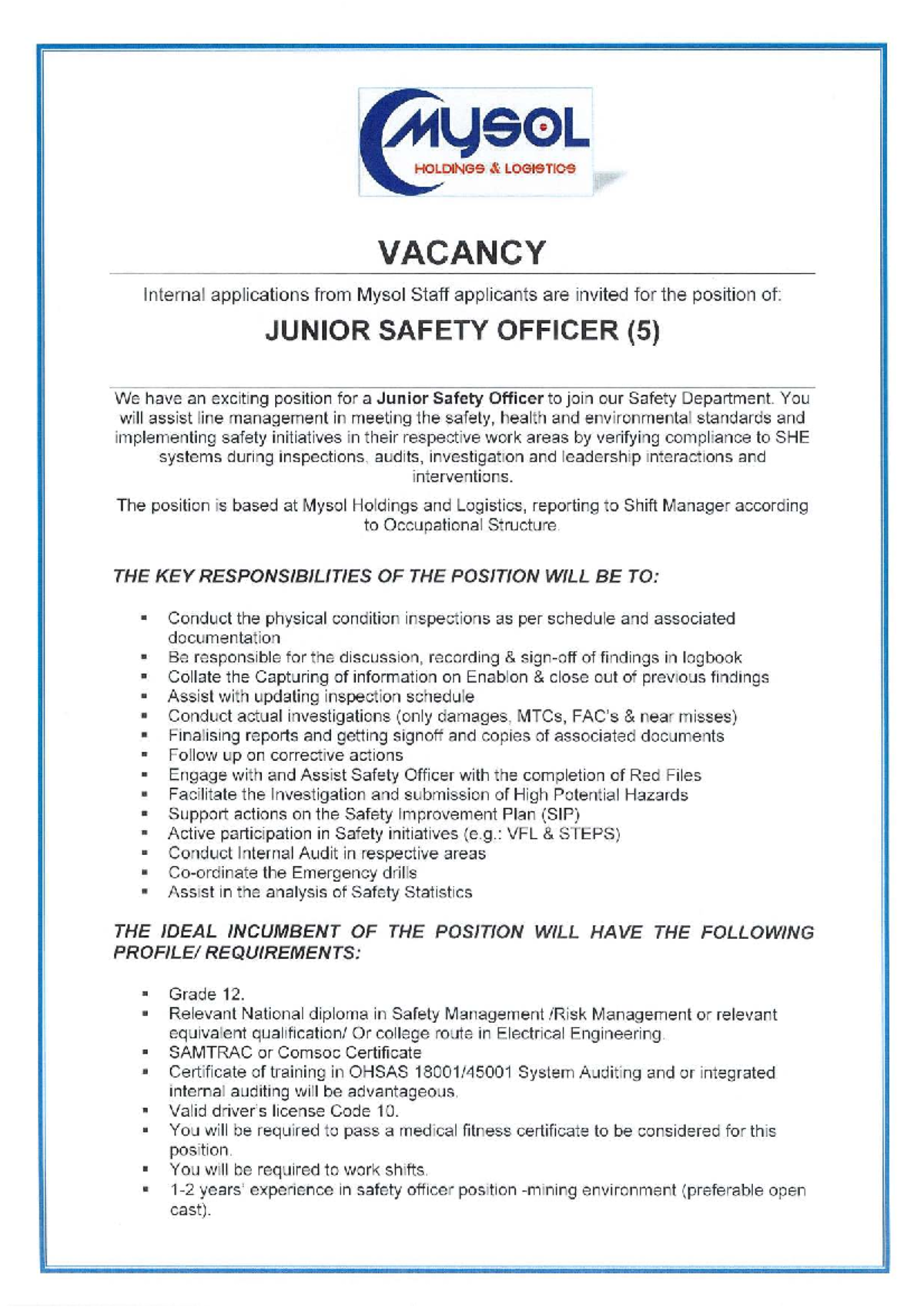 MYSOL HOLDINGS: Junior Safety Officer Position Overview and Requirements - Studocu