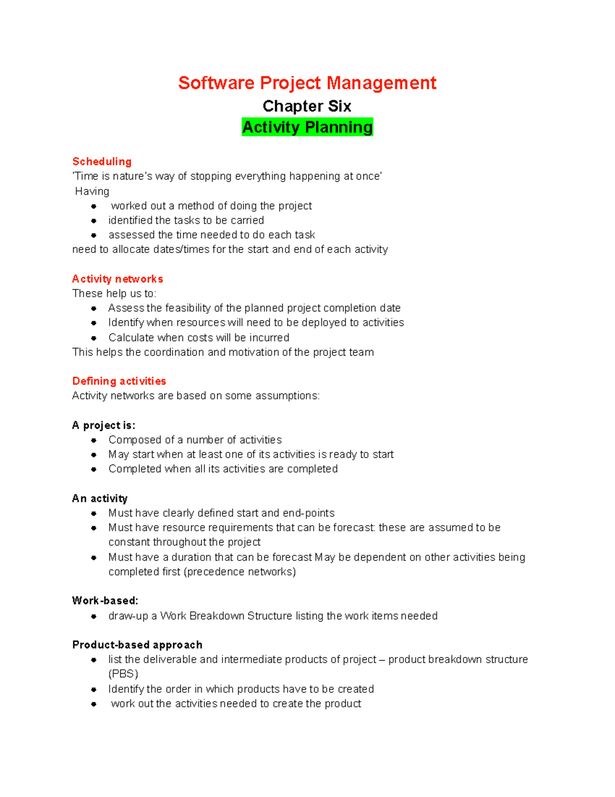 Software Project Management - Chap 6: Activity Planning & Network ...