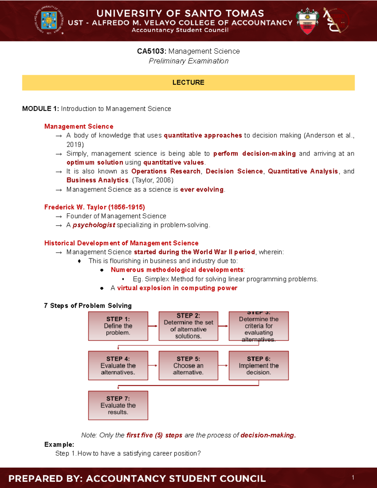 [ASC] Management Science CA5103: Prelim Reviewer & Exam Notes - Studocu