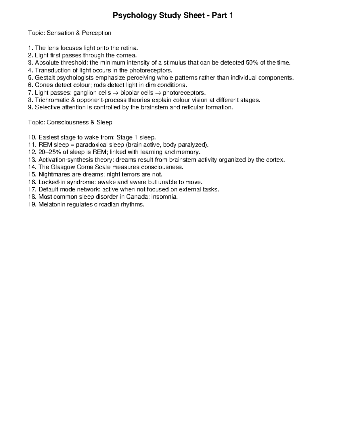 Psychology Study Sheet PSY101: Sensation & Consciousness Overview - Studocu