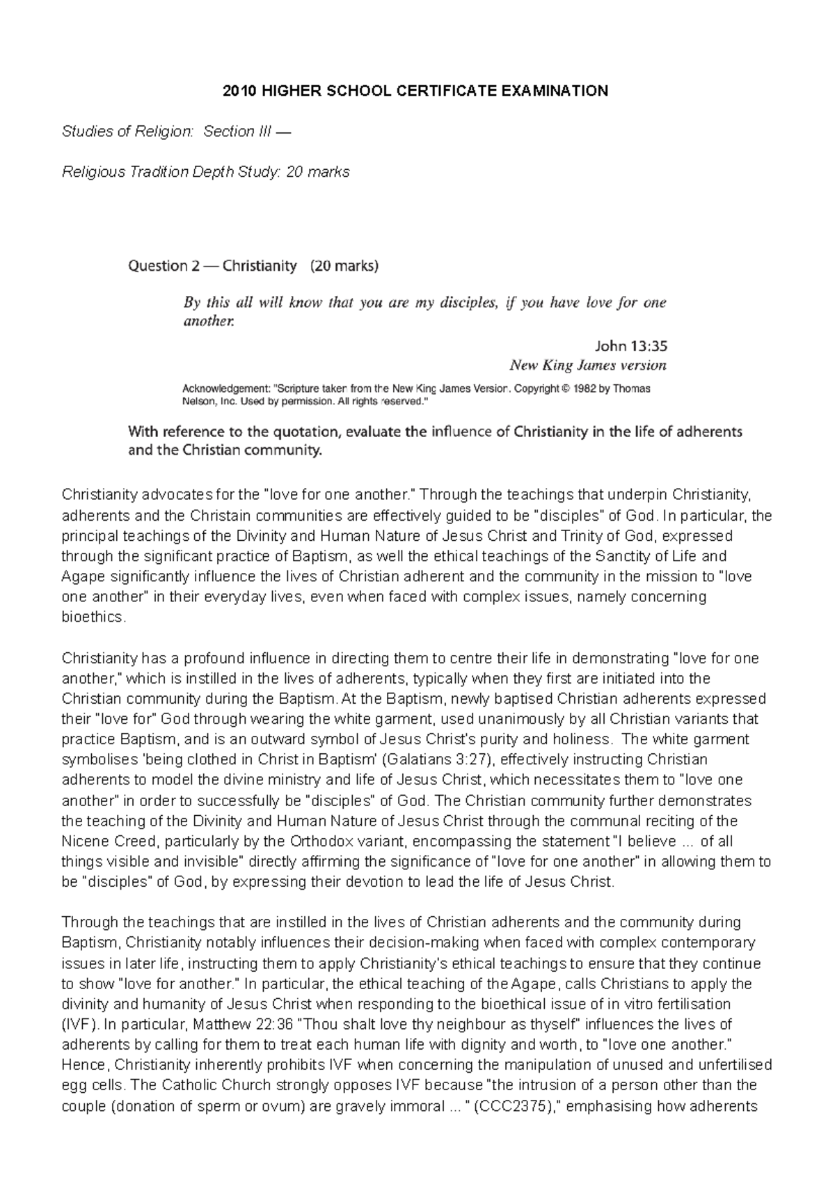 2010 HSC Christianity Essay - 2010 HIGHER SCHOOL CERTIFICATE ...