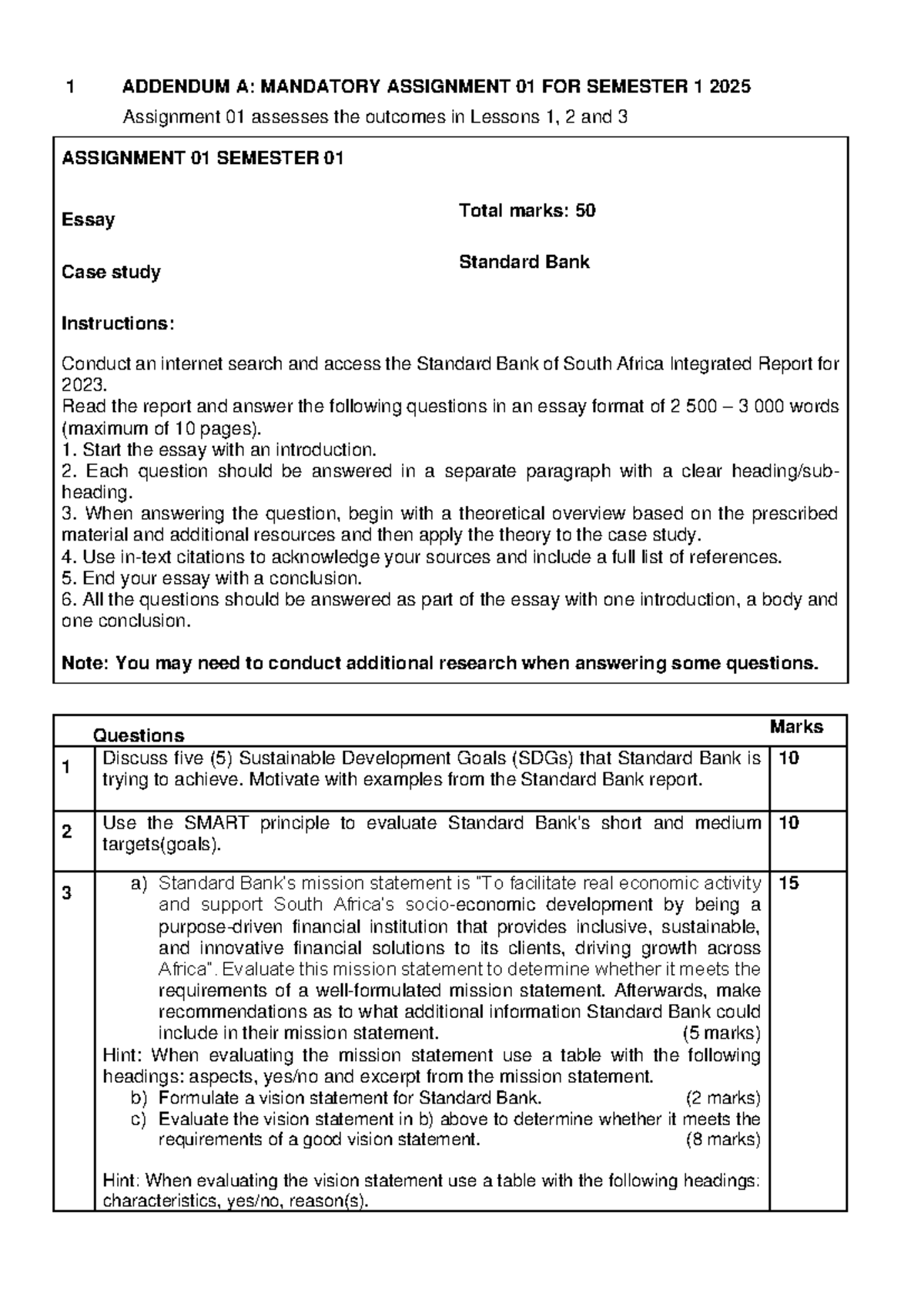 MNG 3701 Assignment 1 Essay: Analysis of Standard Bank's SDGs & Mission - Studocu