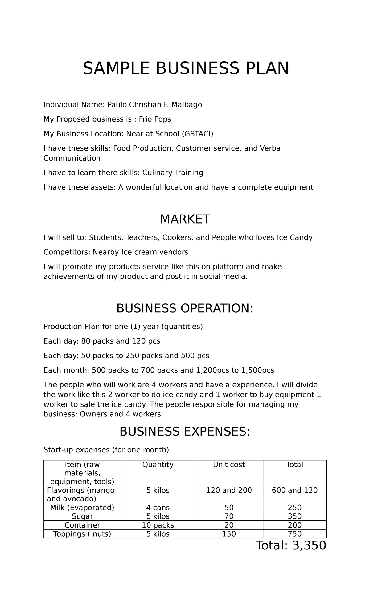 BUS 101: Sample Business Plan for Frio Pops Startup - Studocu