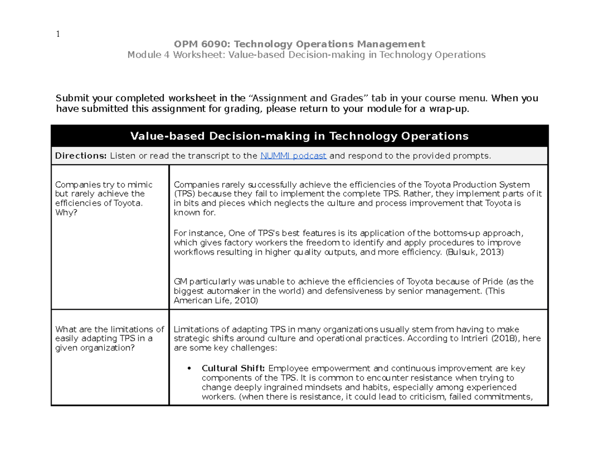 OPM 6090 Module 4 Worksheet: Value-based Decision-making in Tech Ops - Studocu