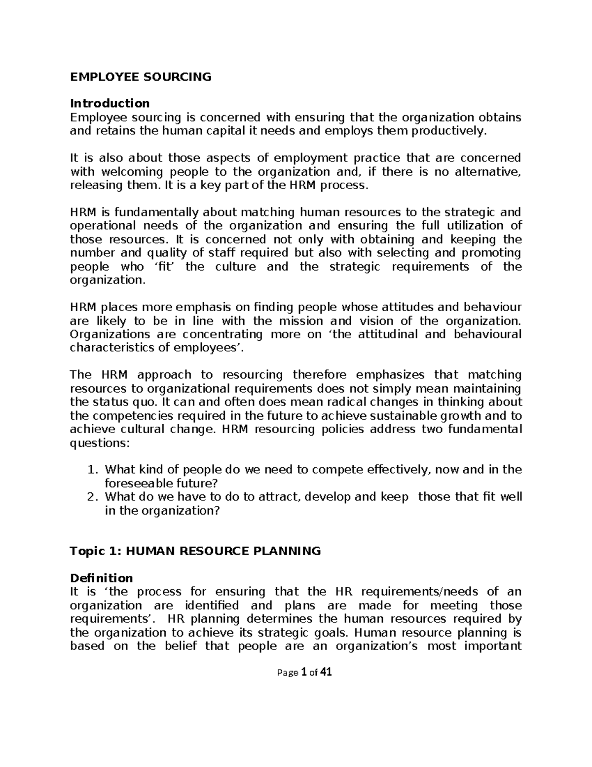 HRM 101: Employee Sourcing and Human Resource Planning Notes - Studocu