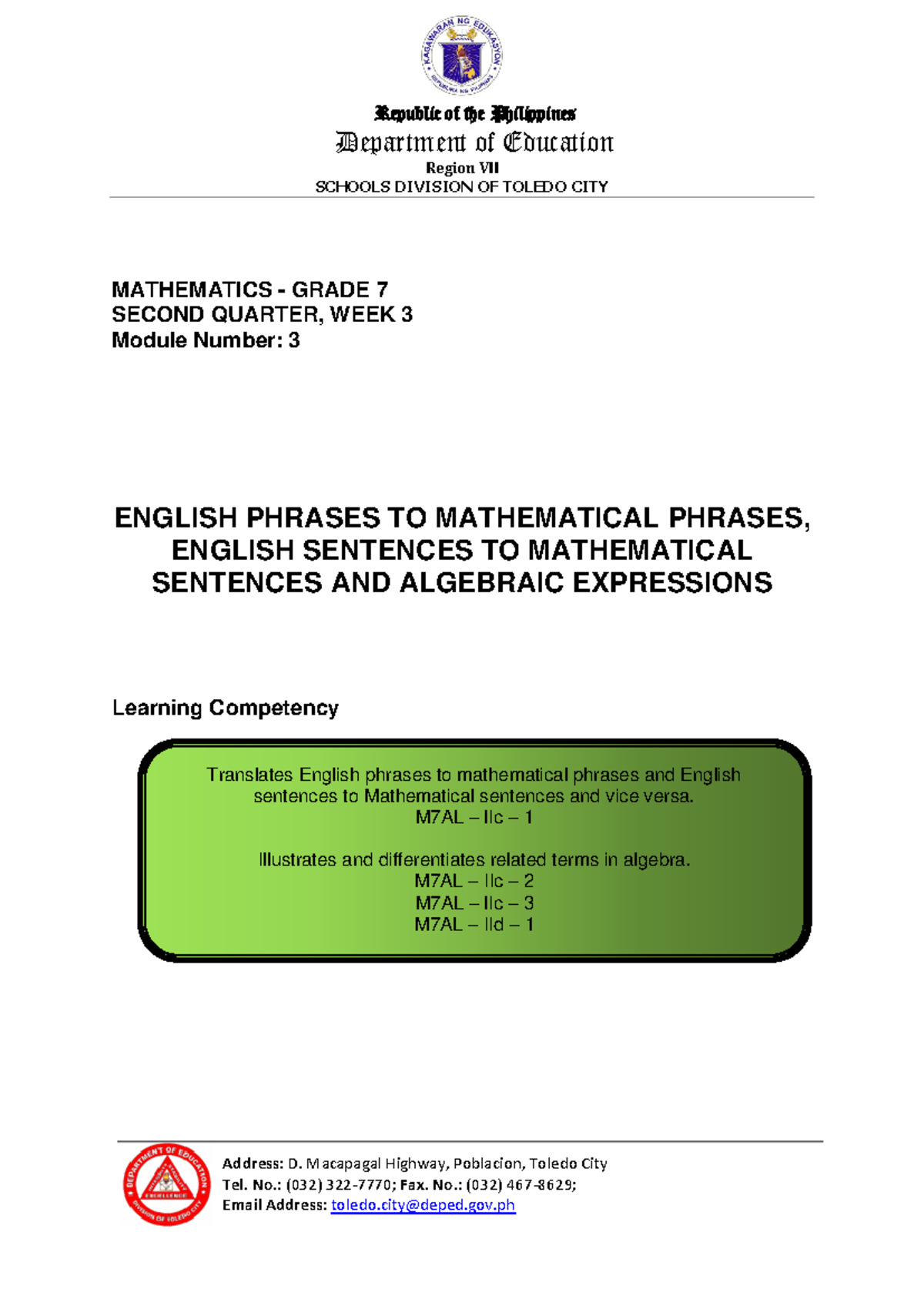 Grade 7 Math Module 3: Translating English Phrases to Math Expressions ...