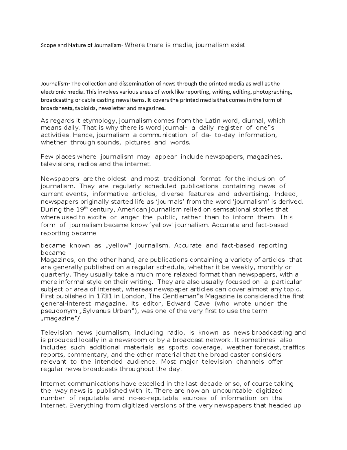 Scope and Nature of Journalism: Understanding Media Dynamics - Studocu