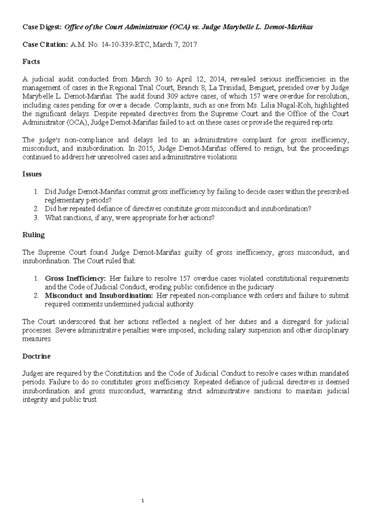 Case Digest of judicialand summary of Art 9 - 1 Case Digest: Office of the Court Administrator ...