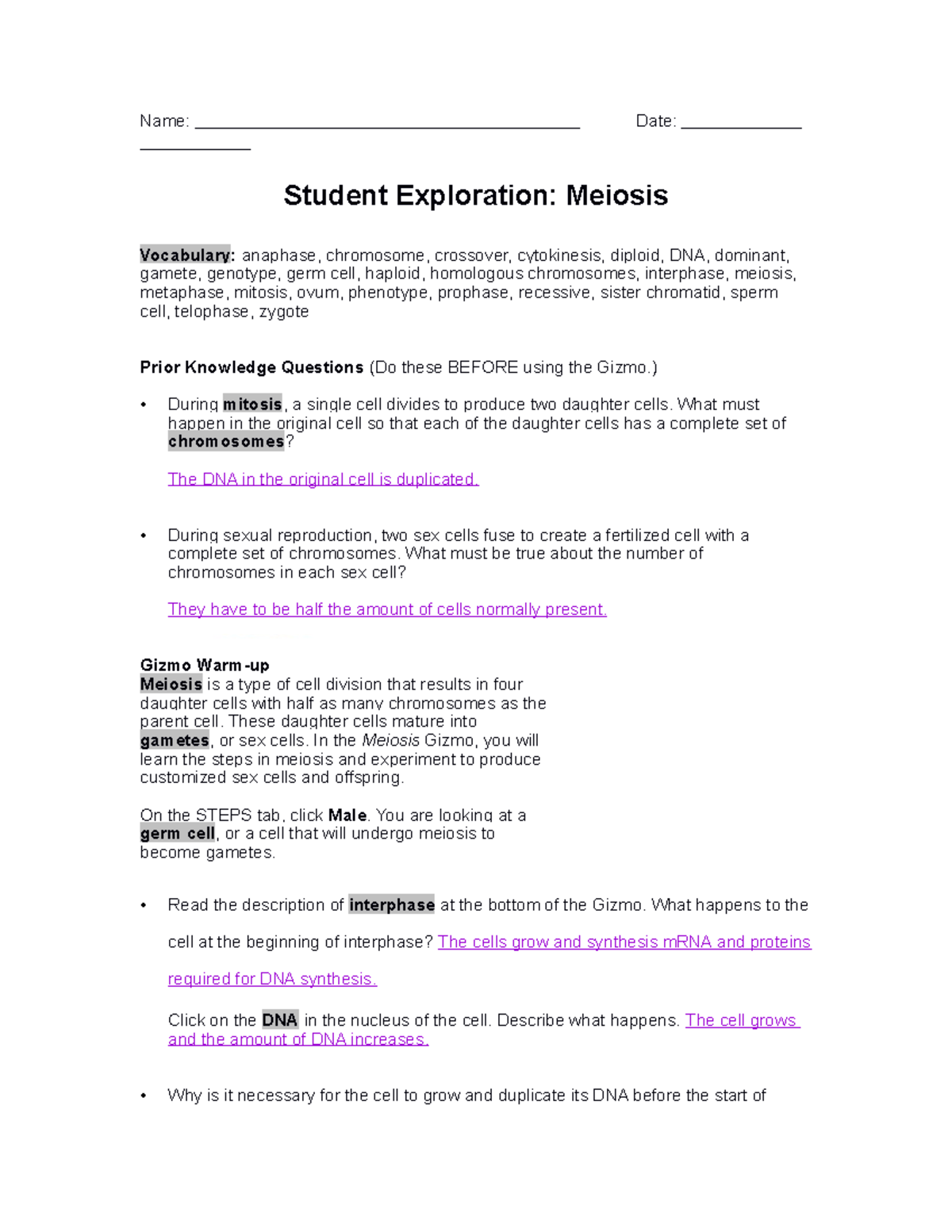 Meiosis SE - Summer AP Bio - Name: Date: Student Exploration: Meiosis ...