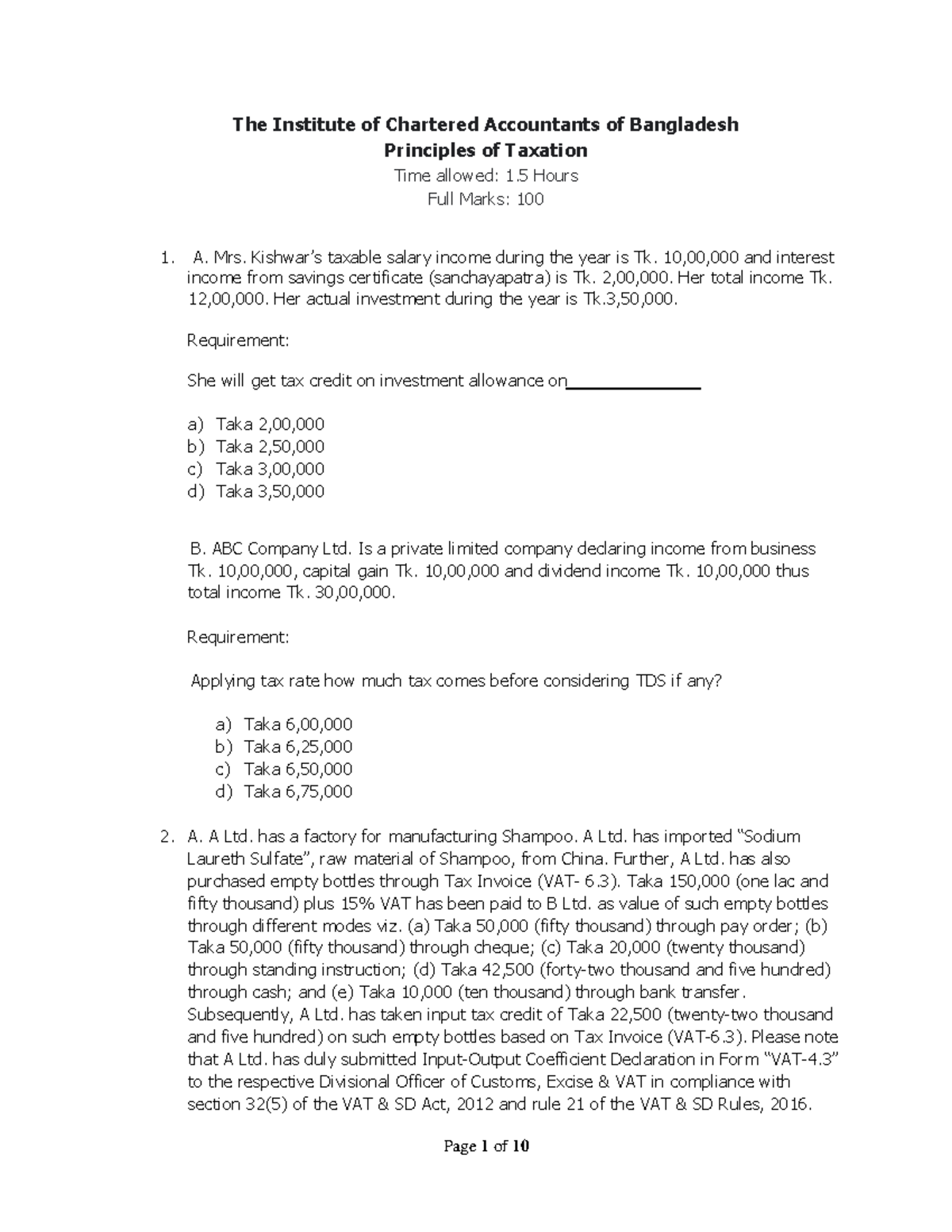 Principles of Taxation (Certificate Level) - Sample Questions ...