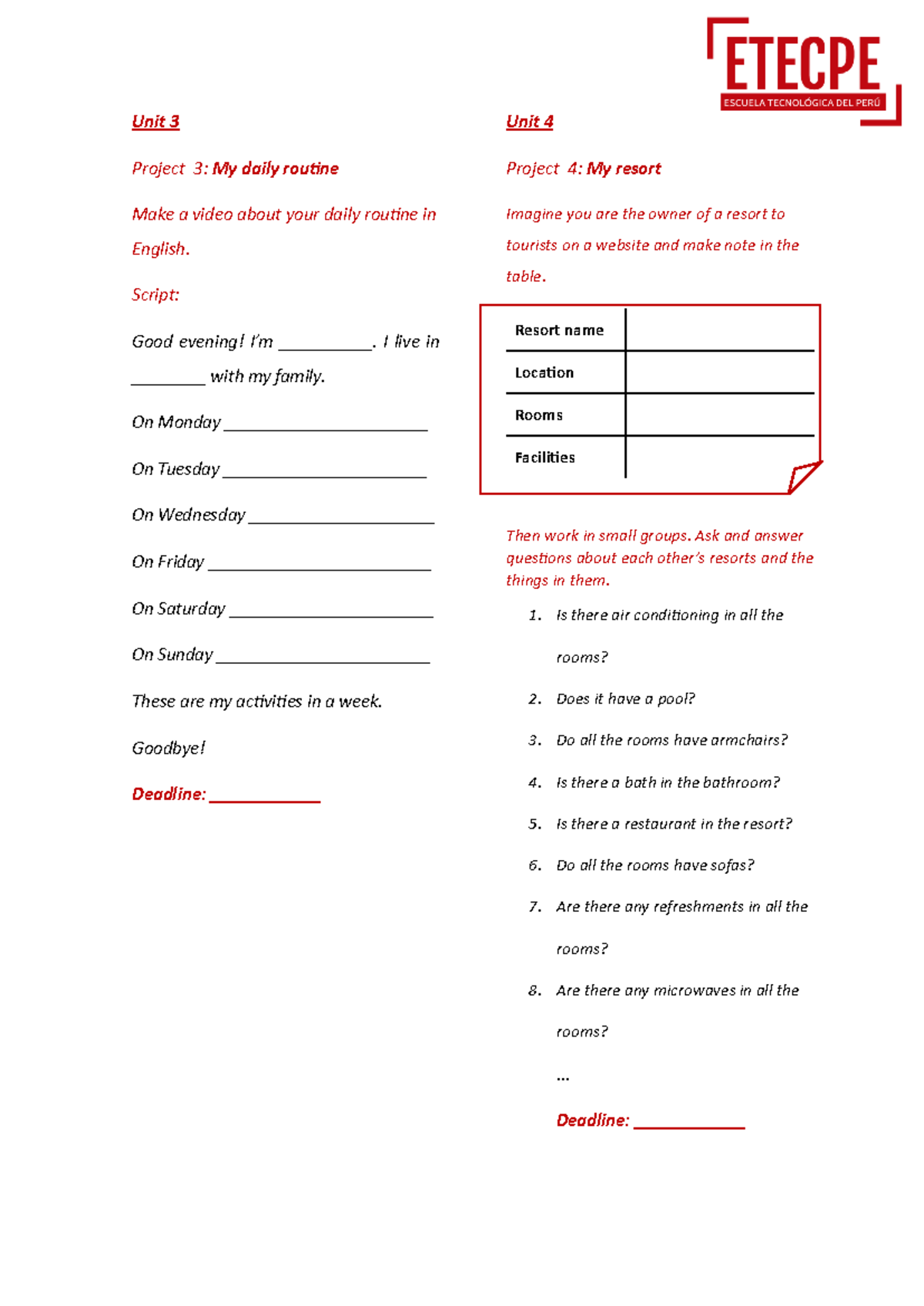 ENG101 Unit 3 & 4 Projects: Daily Routine & Resort Video Guide - Studocu