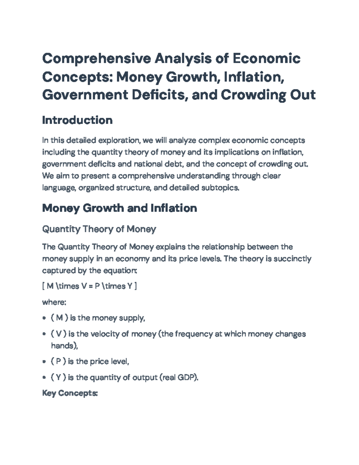 Economic Concepts Analysis: Money Growth, Inflation, Government ...