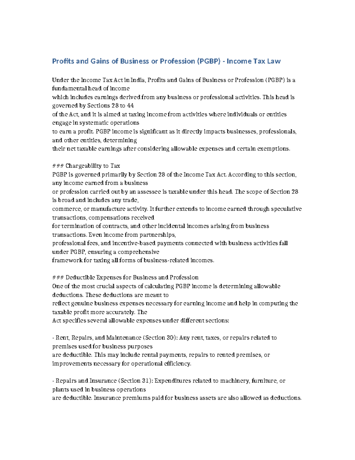 PGBP Lecture Notes on Profits & Gains of Business - Income Tax Law ...