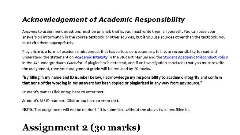BIO310: Acknowledgement of Academic Integrity & Assignment 2 Guidelines ...