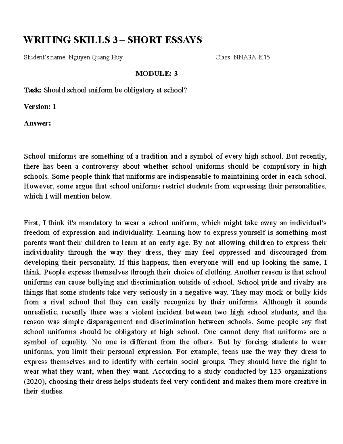 Version 2 - hallo - WRITING SKILLS 3 – SHORT ESSAYS Student’s name ...