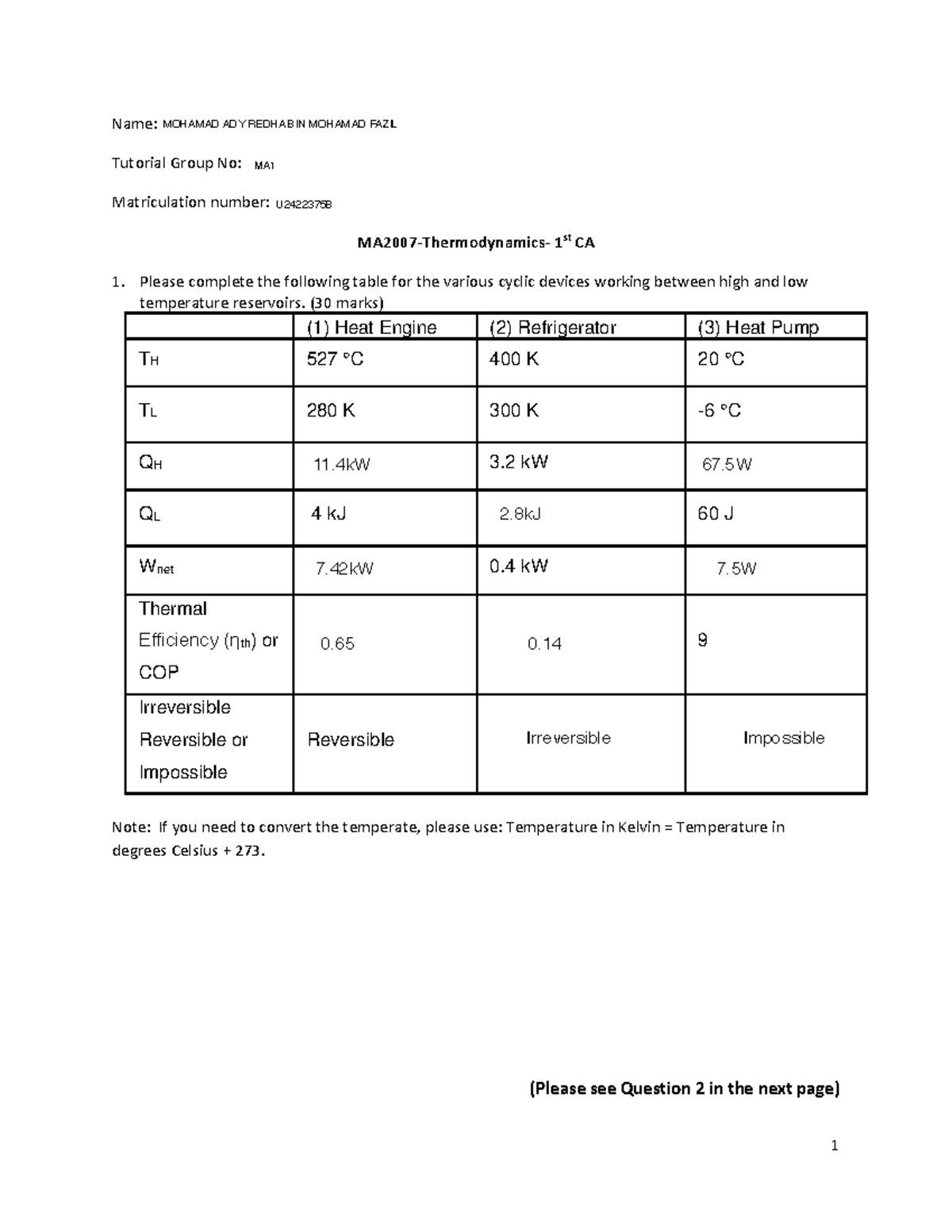 MA2007-CA1-2024S2: Cyclic Devices in Thermodynamics Analysis - Studocu