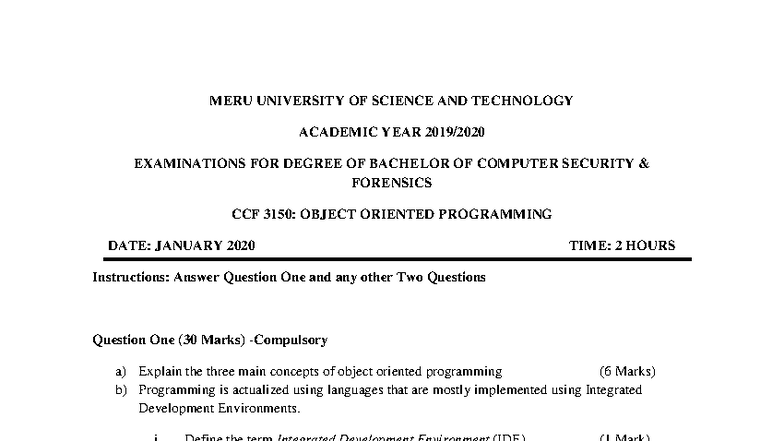 CCF 3150 Final Exam: Object Oriented Programming Overview - Studocu
