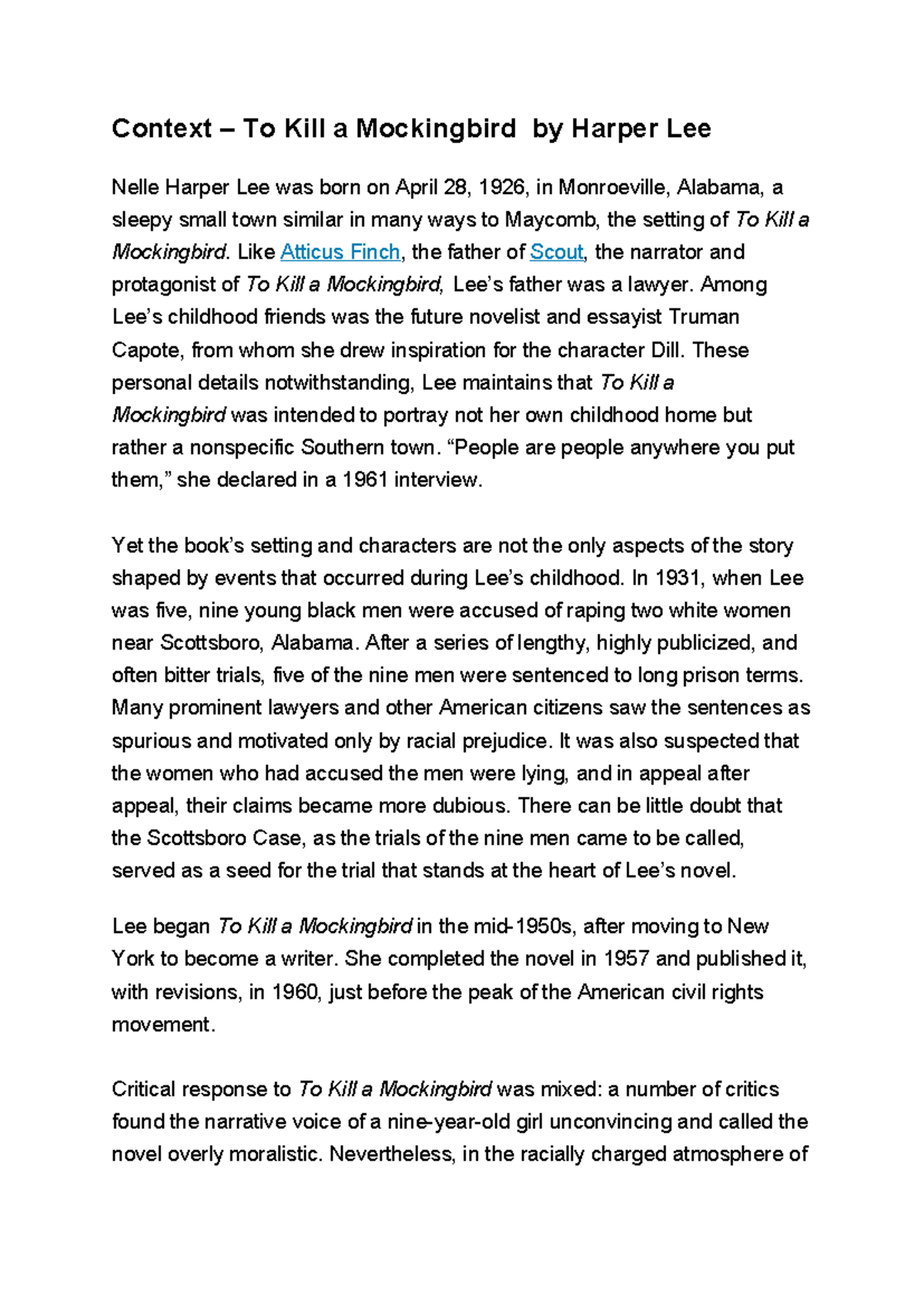 Contextual Analysis of To Kill a Mockingbird - 1111111 - Studocu