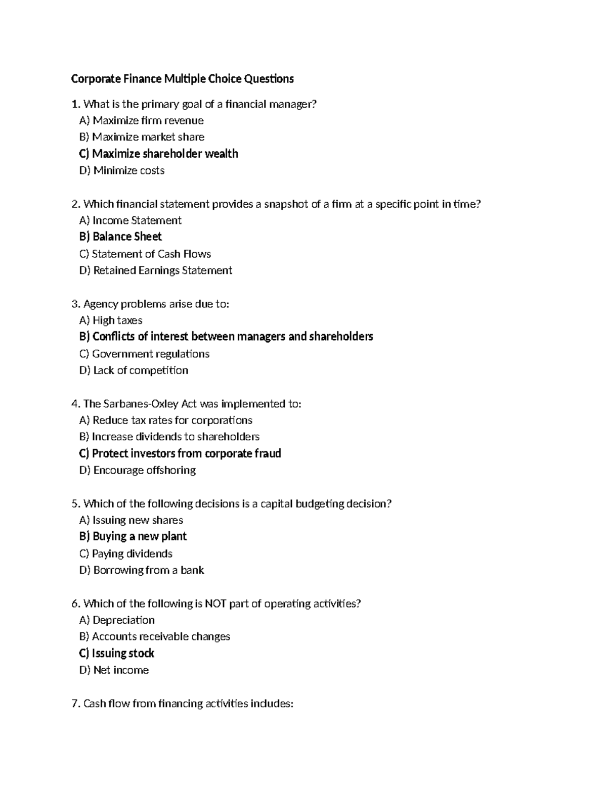Corporate Finance M.T. MCQs Set 3 Practice - Studocu
