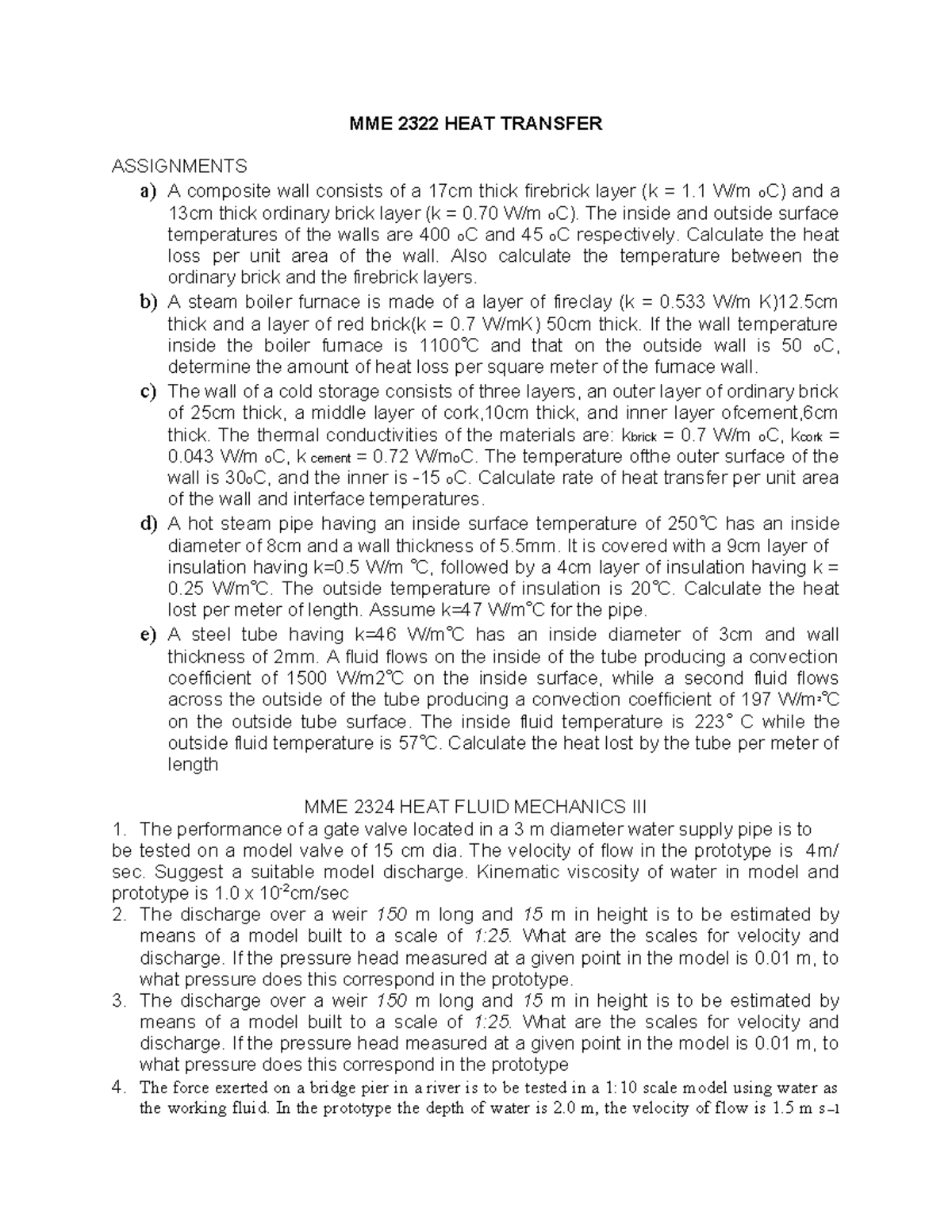 MME 2322 & MME 2324 Heat Transfer and Fluid Mechanics Assignments - Studocu