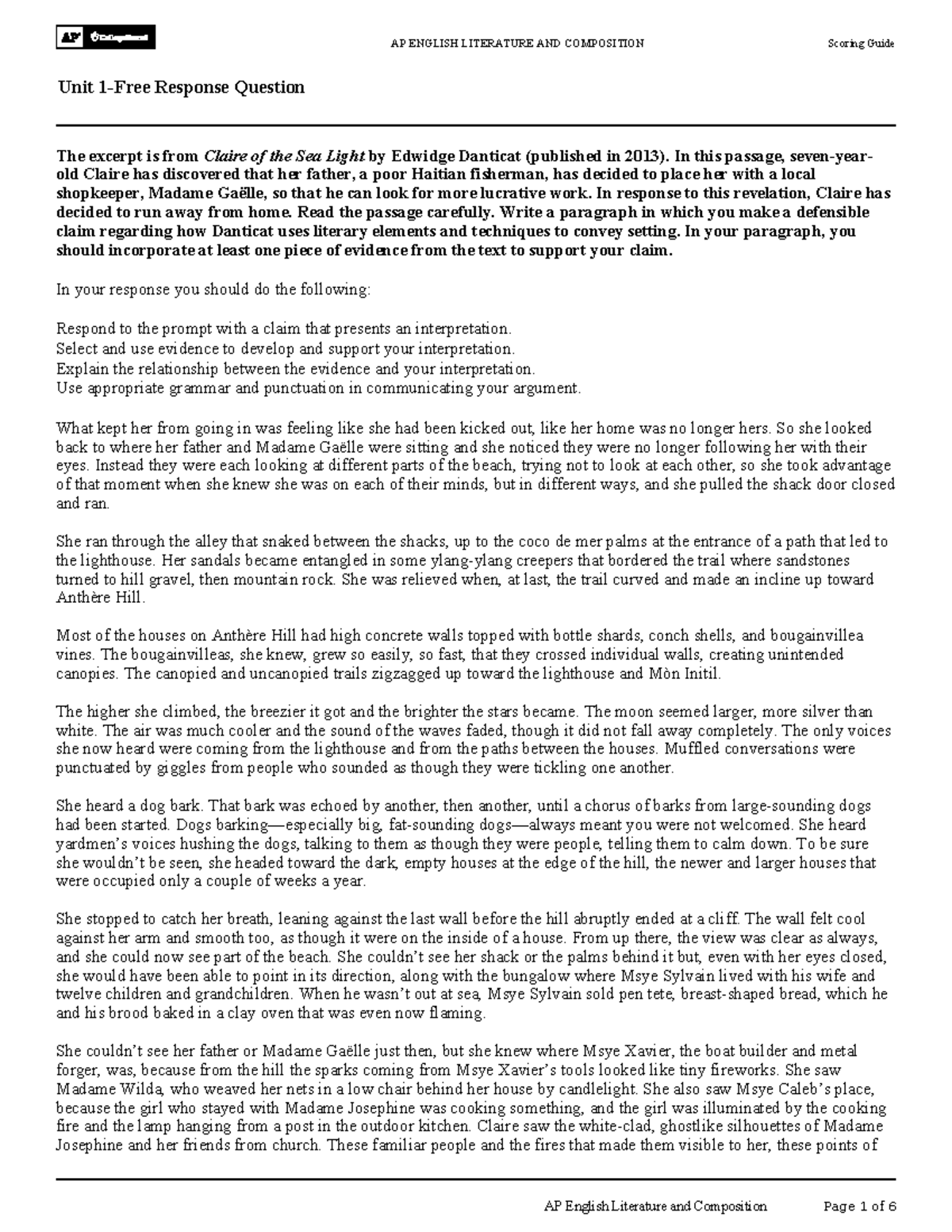 AP ENGLISH LITERATURE AND COMPOSITION Unit 1 Response Question Analysis ...