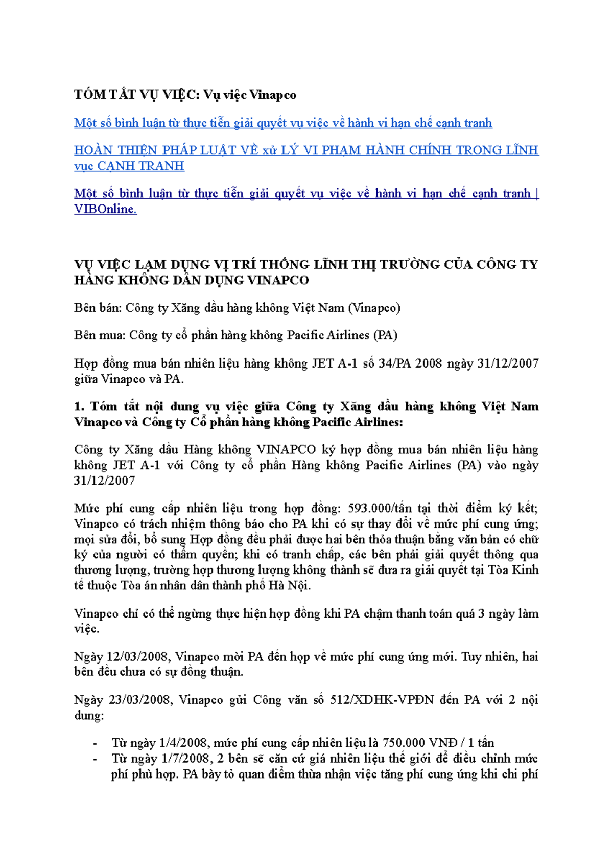 TÓM TẮT VỤ VIỆC VINAPCO: HÀNH VI LẠM DỤNG ĐỘC QUYỀN TRÊN THỊ TRƯỜNG ...