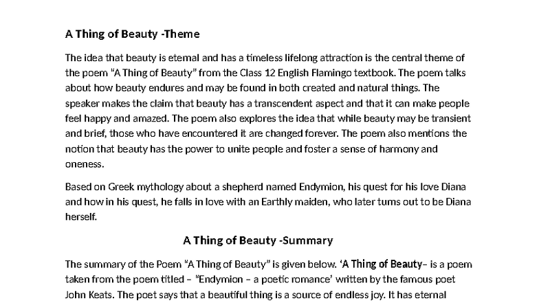 A Thing of Beauty: Comprehensive Study Notes for Class 12 English - Studocu