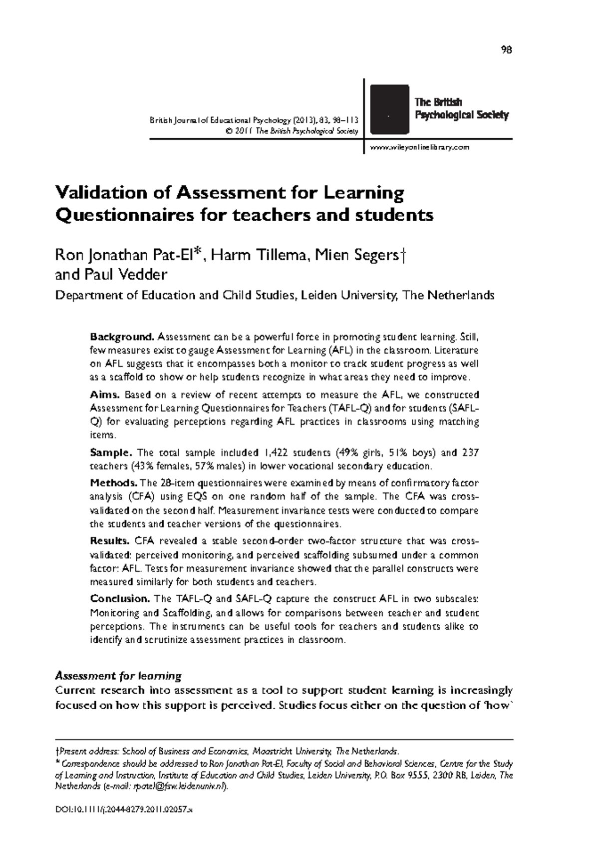 Validation of AFL Questionnaires for Teachers and Students (2013) - Studocu