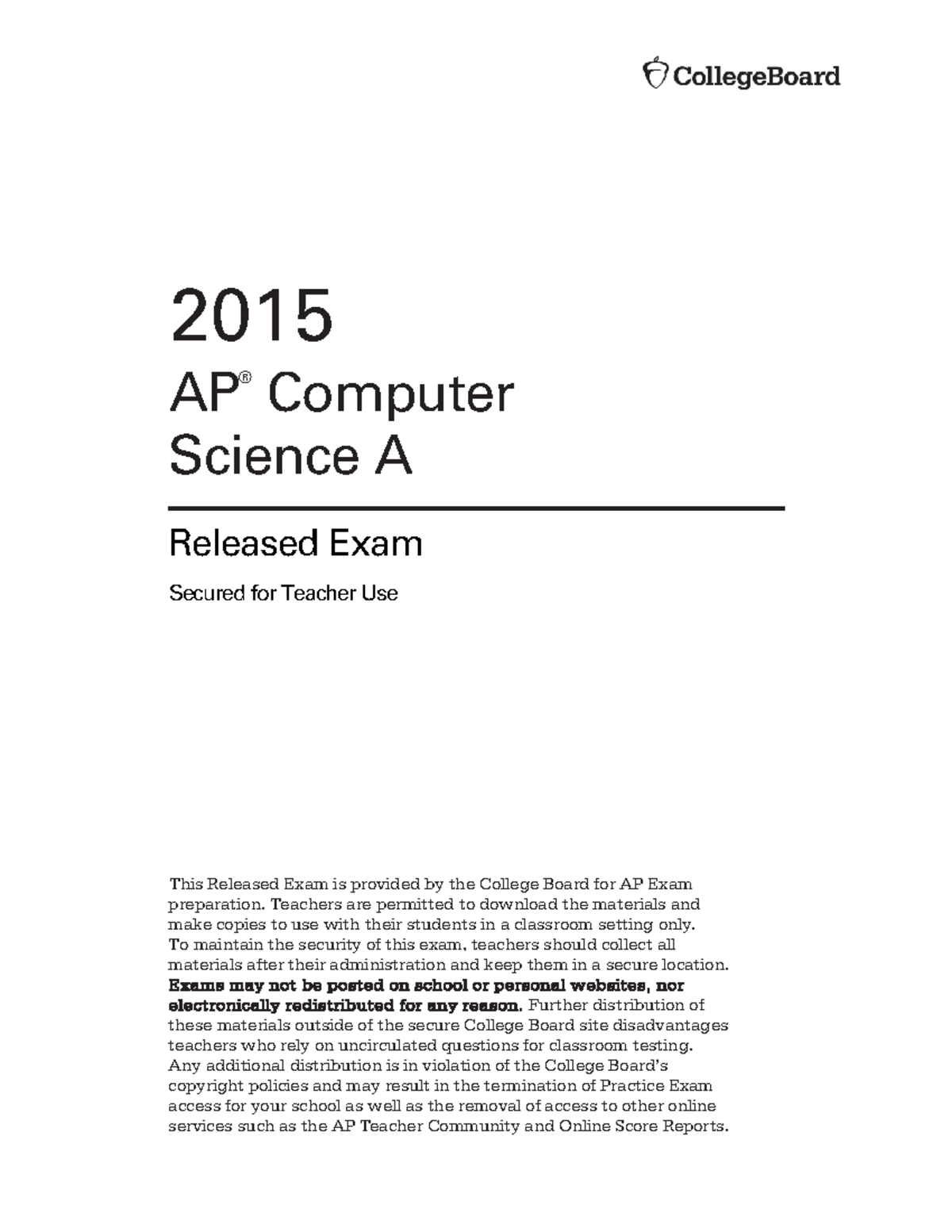 2015 AP Computer Science A Released Exam: MCQ Questions & Answers - Studocu