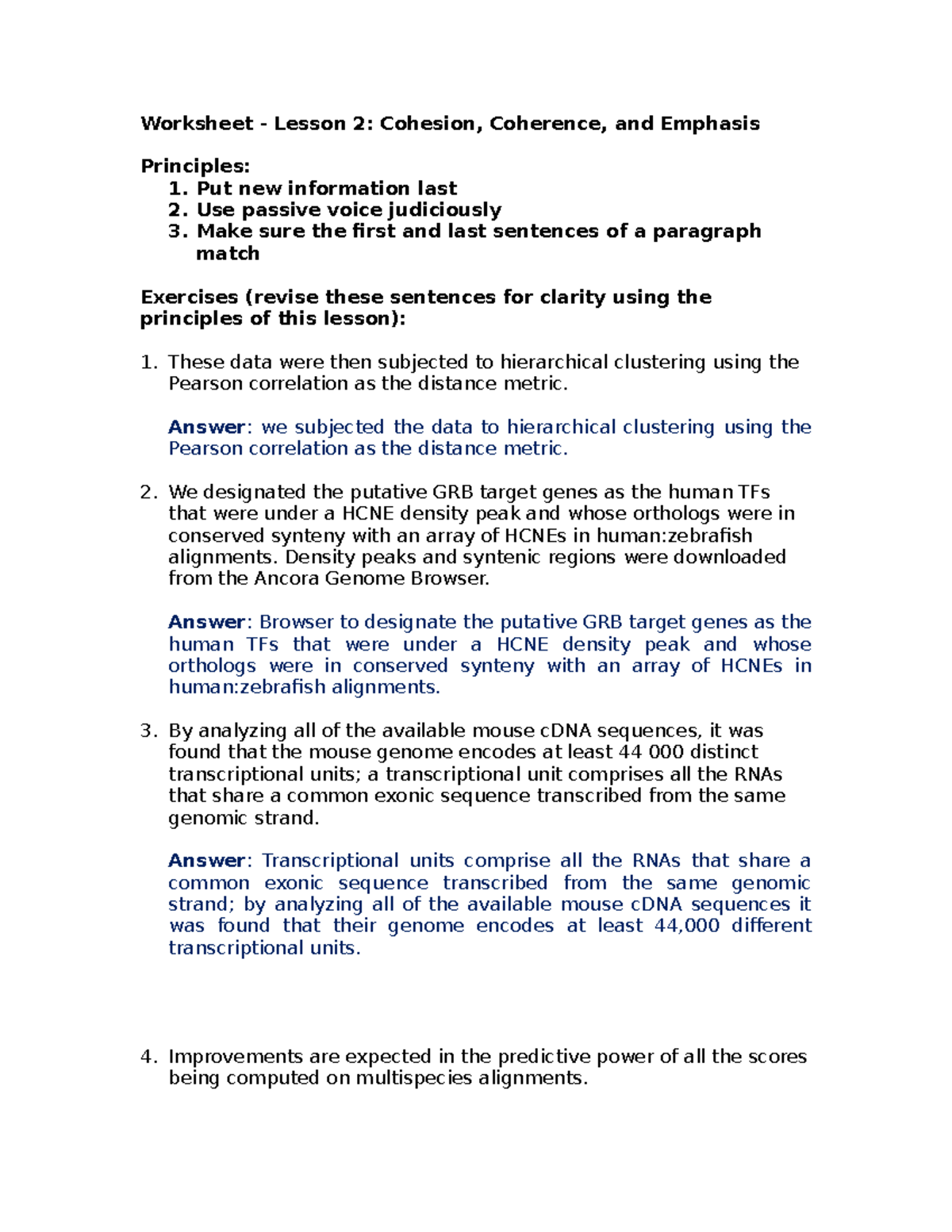 Duke Writing lesson 2-Answer - Worksheet - Lesson 2: Cohesion ...