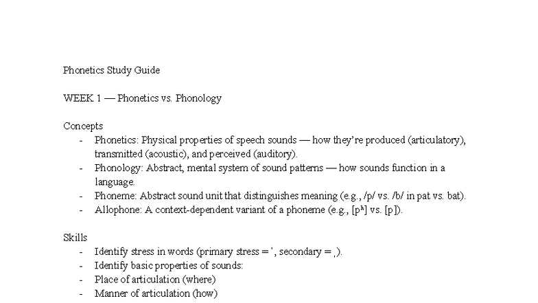 Phonetics Study Guide (WEEK 1-5) Concepts & Skills Overview - Studocu