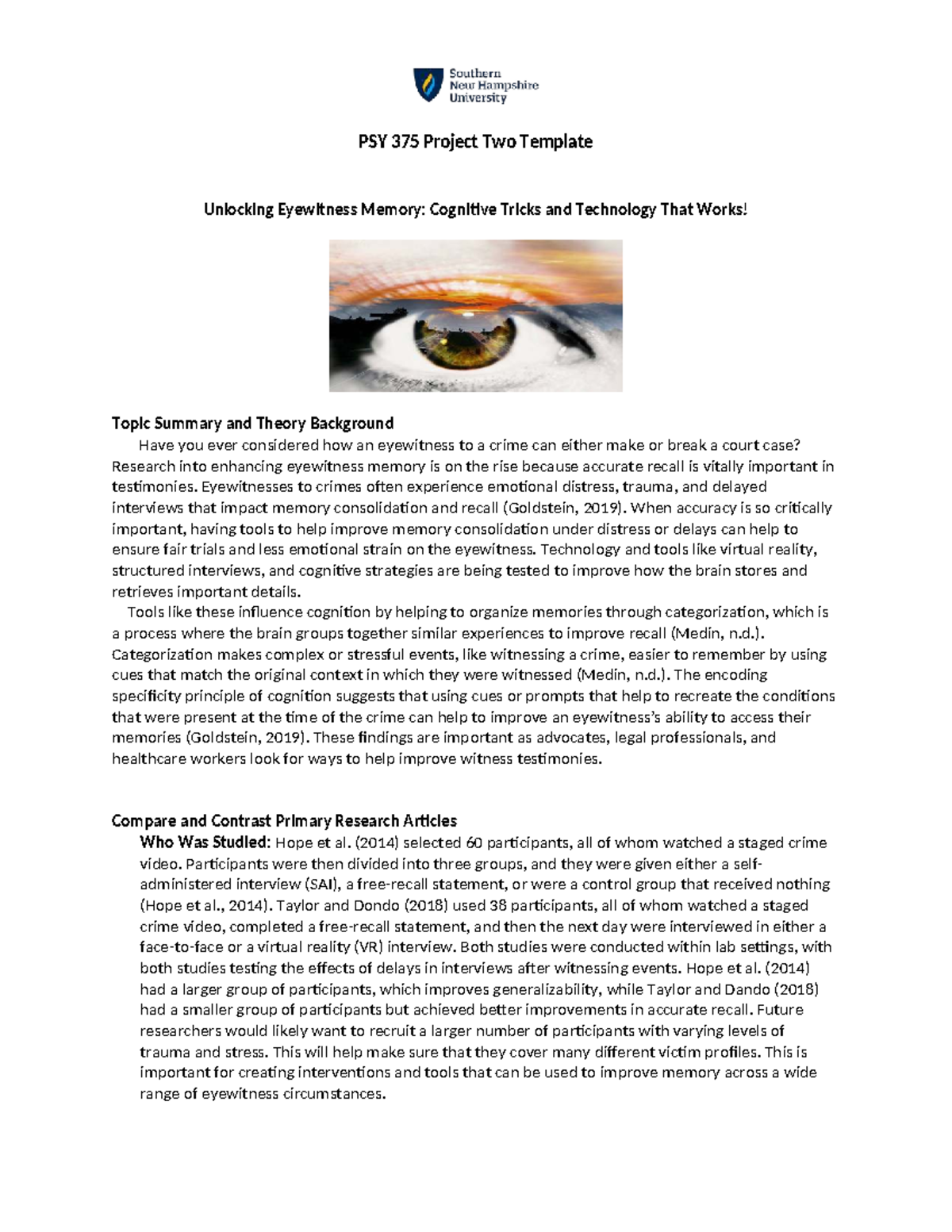 PSY 375 Project Two: Enhancing Eyewitness Memory with Tech and ...