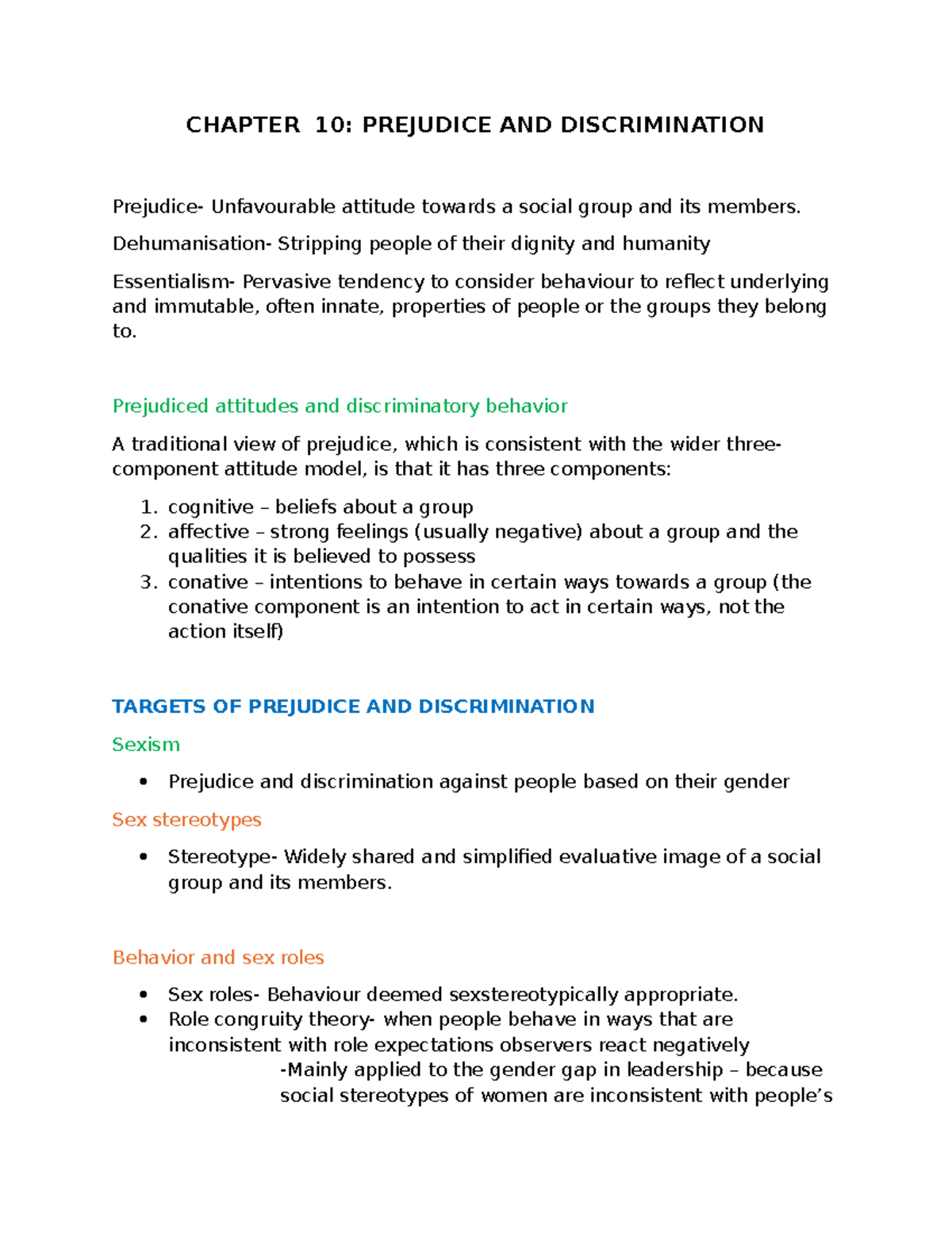 Social Psychology- chapter 10 summary - CHAPTER 10: PREJUDICE AND ...