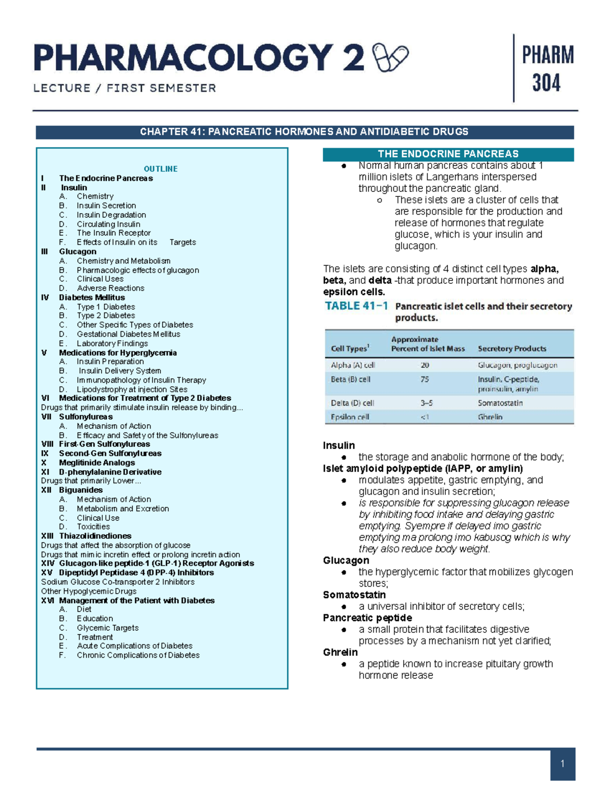 CHAPTER 41: PANCREATIC HORMONES & ANTIDIABETIC DRUGS OUTLINE - Studocu