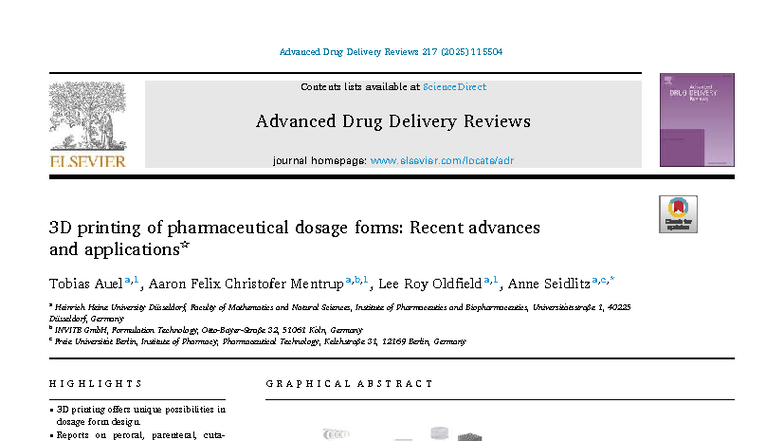 3D Printing in Pharma: Advances in Dosage Forms (ADDR 217) - Studocu
