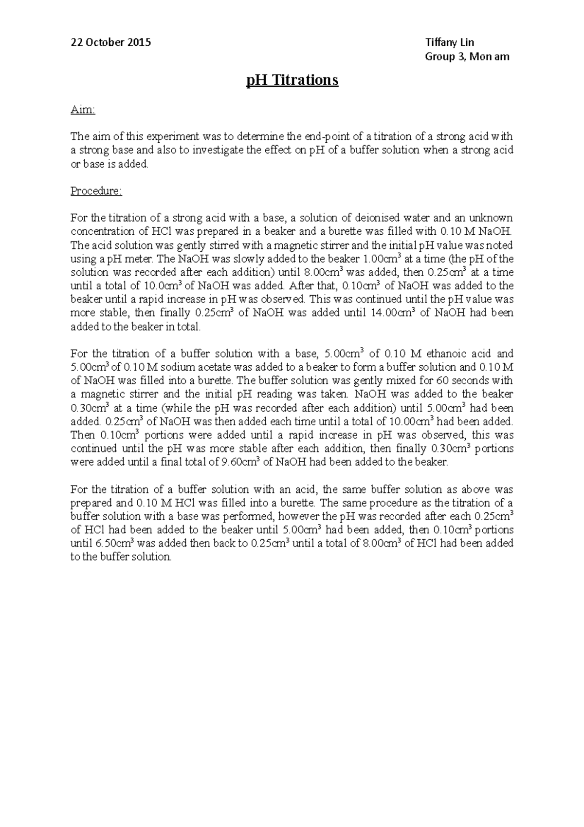 pH Titrations Lab Report: Analysis of Acid-Base Reactions - Studocu