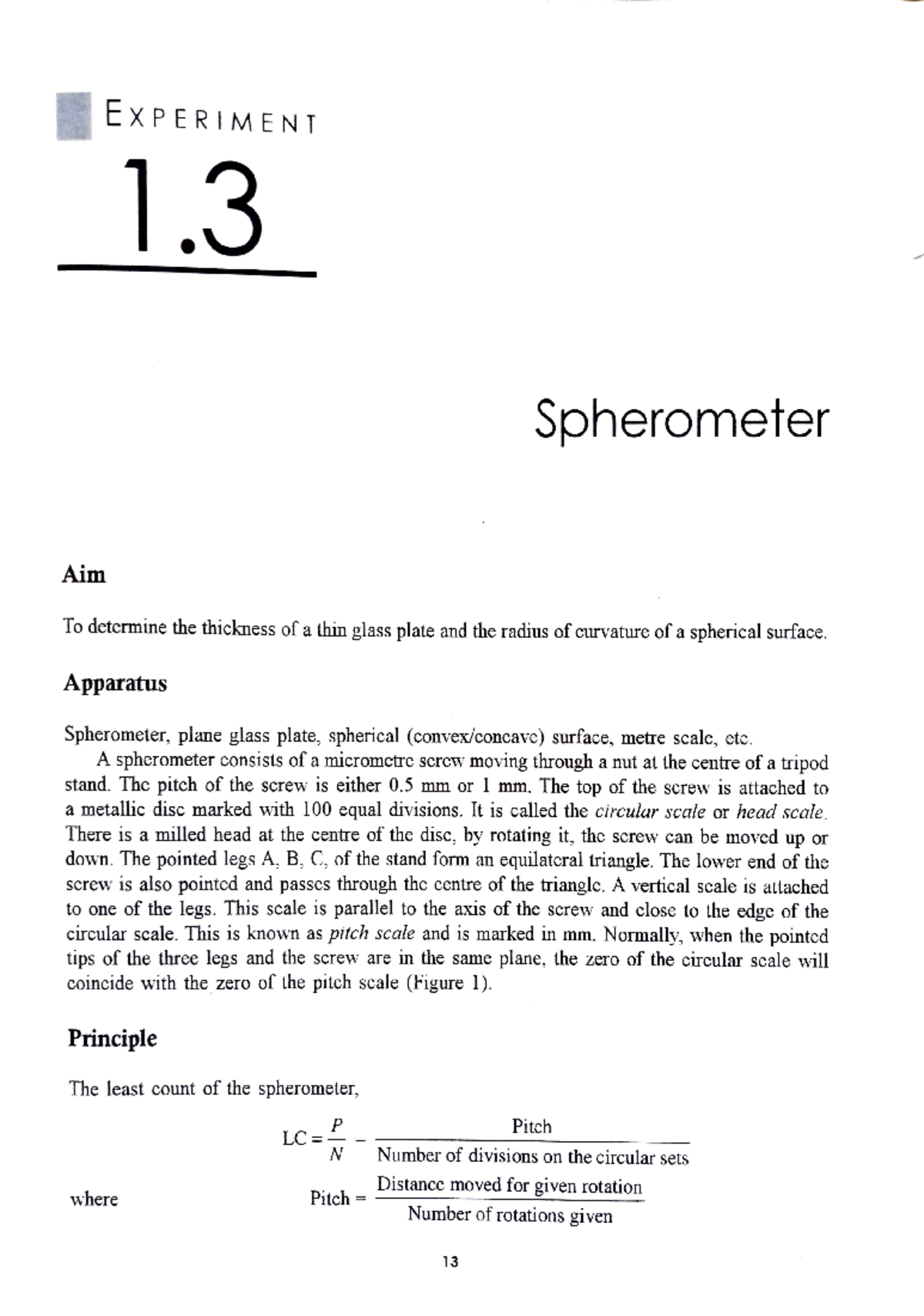 Spherometer Experiment: Measuring Thickness & Radius of Curvature - Studocu