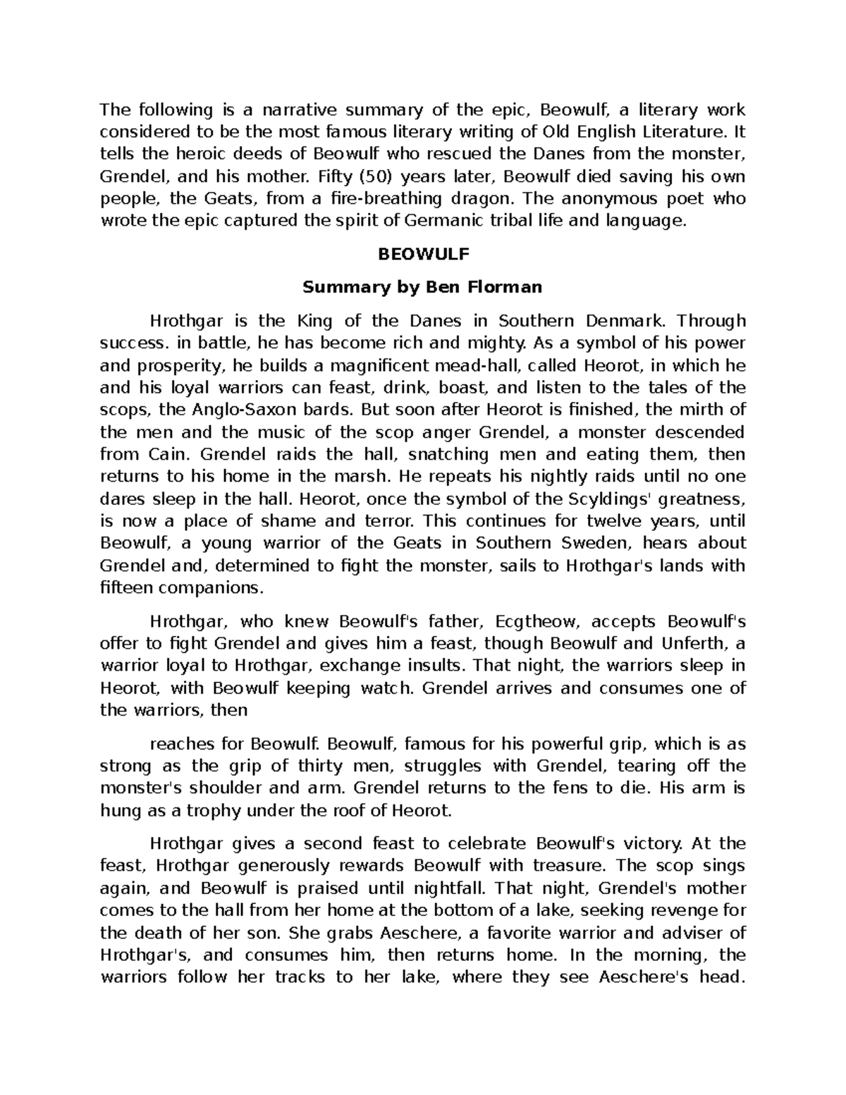 BEOWULF Epic Summary: Heroic Deeds of Beowulf and Grendel - Studocu