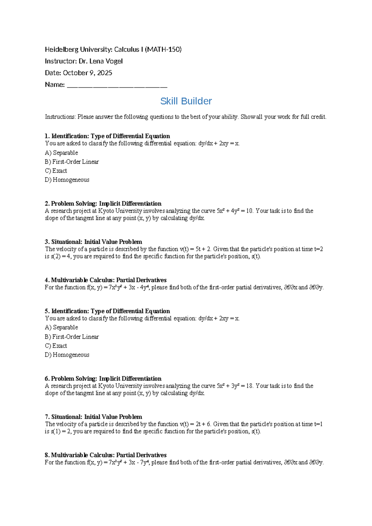 Calculus I Skill Builder 6723: Differential Equations & Derivatives ...