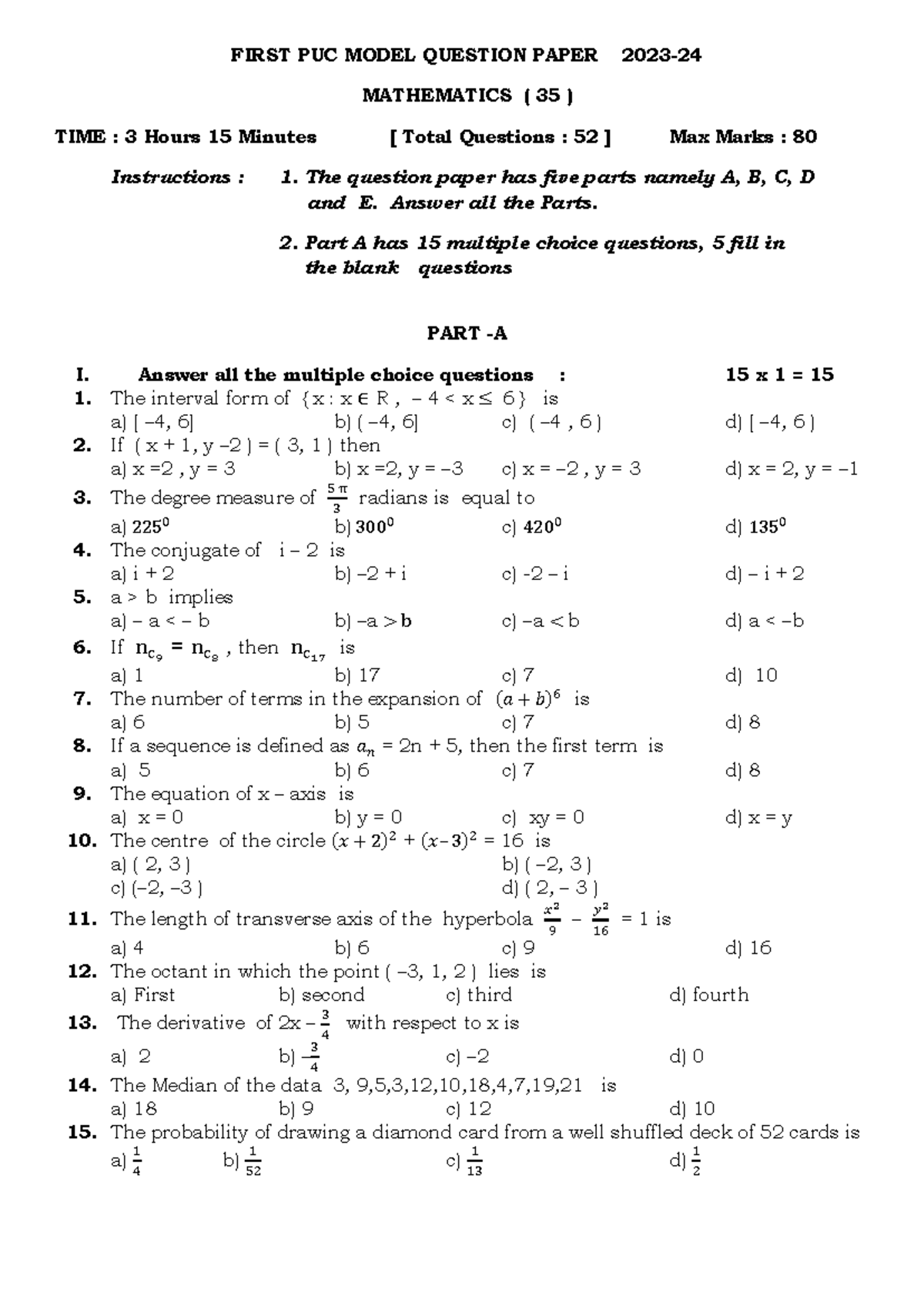 Mathematics Model Question Paper - PUC 35 (2023-24) - Studocu