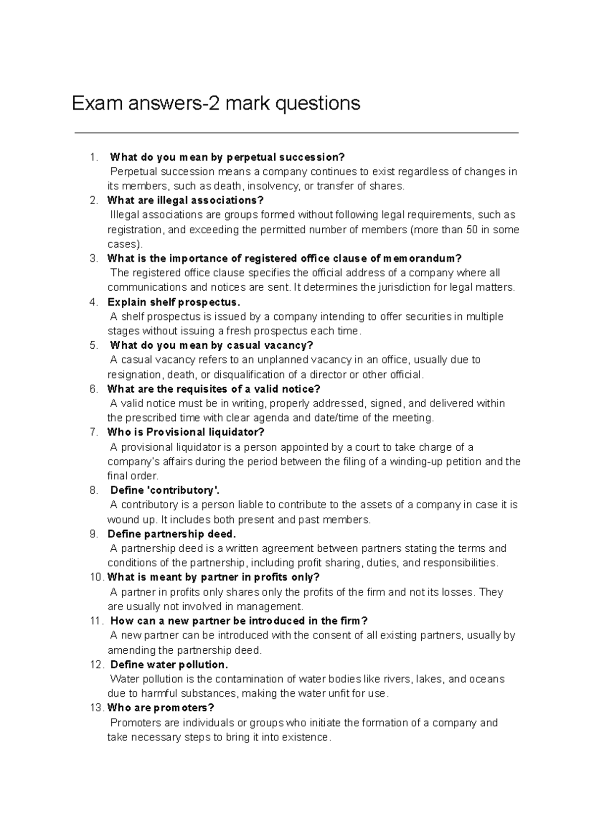 Corporate Law 2: Mark Questions & Answers on Key Concepts - Studocu