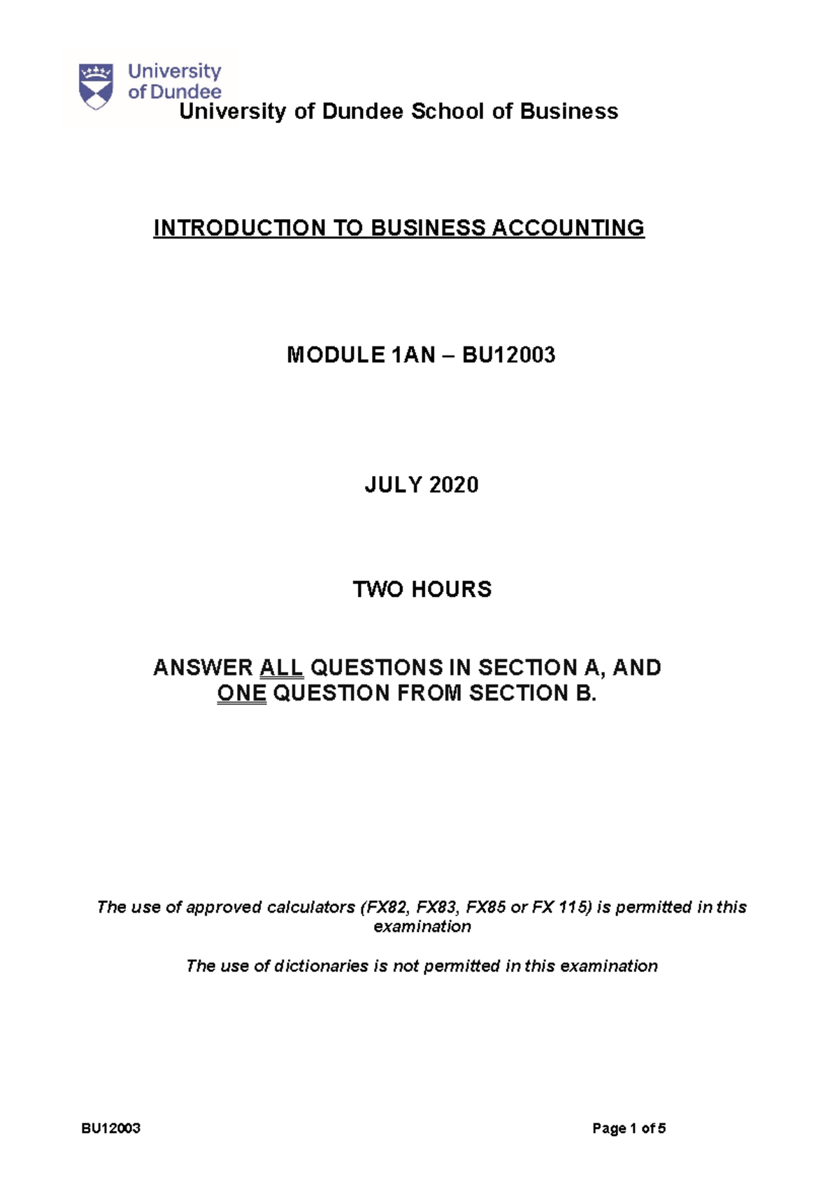 Business 1AN July 2020 Resit: Introduction to Accounting Exam Questions ...