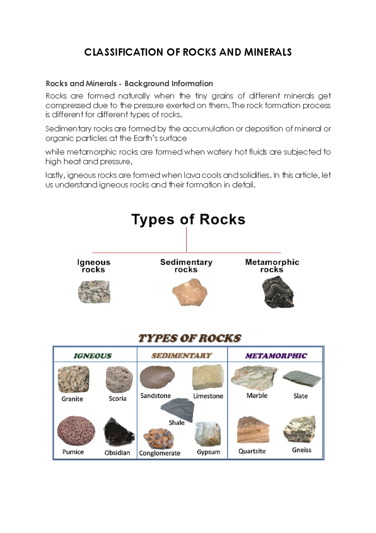 Classification OF Rocks AND Minerals - CLASSIFICATION OF ROCKS AND ...