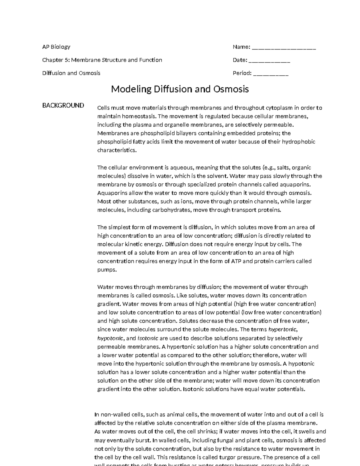 Diffusion-Osmosis Lab - AP Biology Name: ____________________ Chapter 5 ...