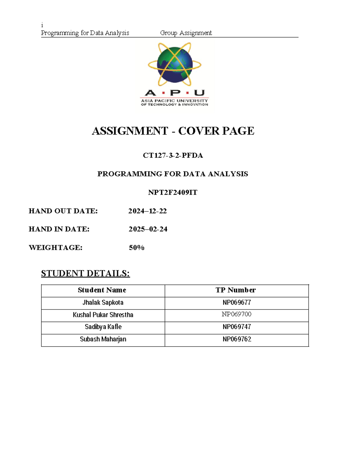 Programming for Data Analysis Group Assignment NPT2F2409IT - Studocu